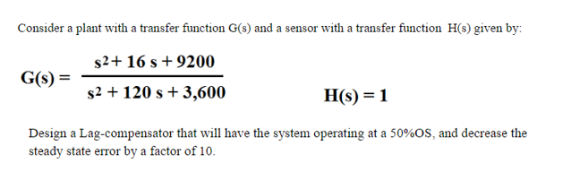 Solved Consider a plant with a transfer function G(s) and a | Chegg.com