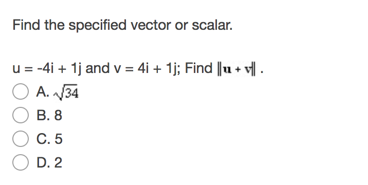 Solved Find the specified vector or scalar. u=-4i + 1, and v | Chegg.com