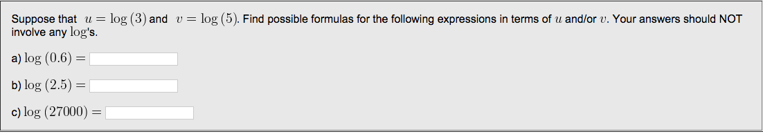 Solved Suppose that u = log (3) and v = log (5). Find | Chegg.com