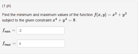 Solved Find the minimum and maximum values of the function | Chegg.com
