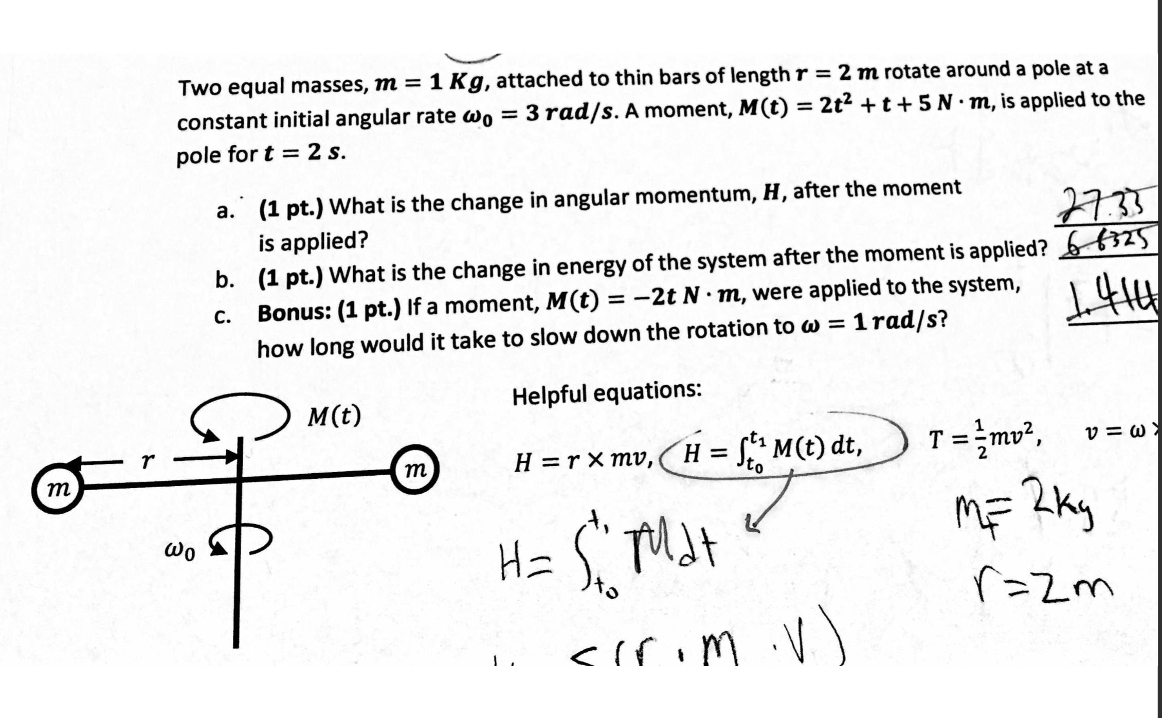 Solved Two equal masses, m = 1 Kg, attached to thin bars of | Chegg.com