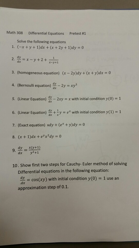 Solved Math 308 Differential Equations Pretest #1 Solve the | Chegg.com