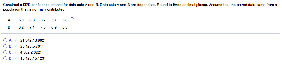 Solved Construct a 99% confidence interval for data sets A | Chegg.com
