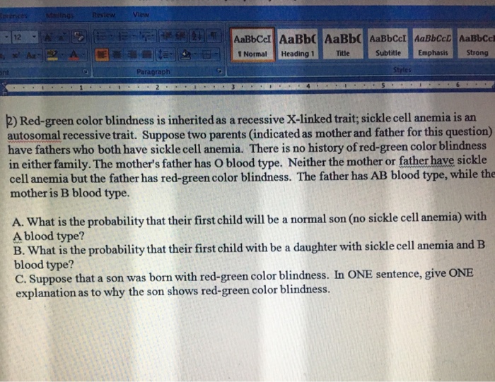 Solved Red-green color blindness is inherited as a recessive | Chegg.com