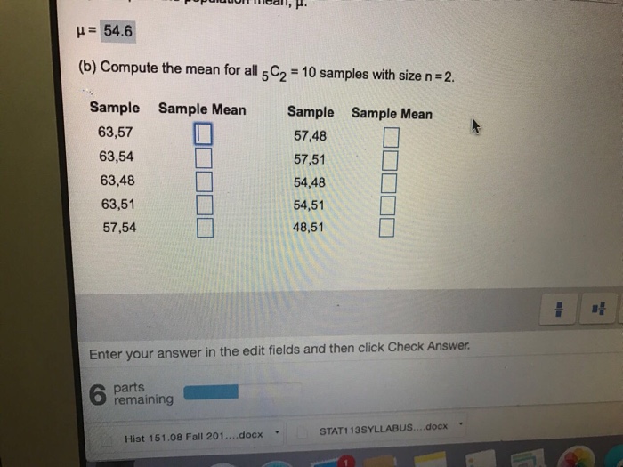 Solved Compute the mean for all _5 C_2 = 10 samples with | Chegg.com