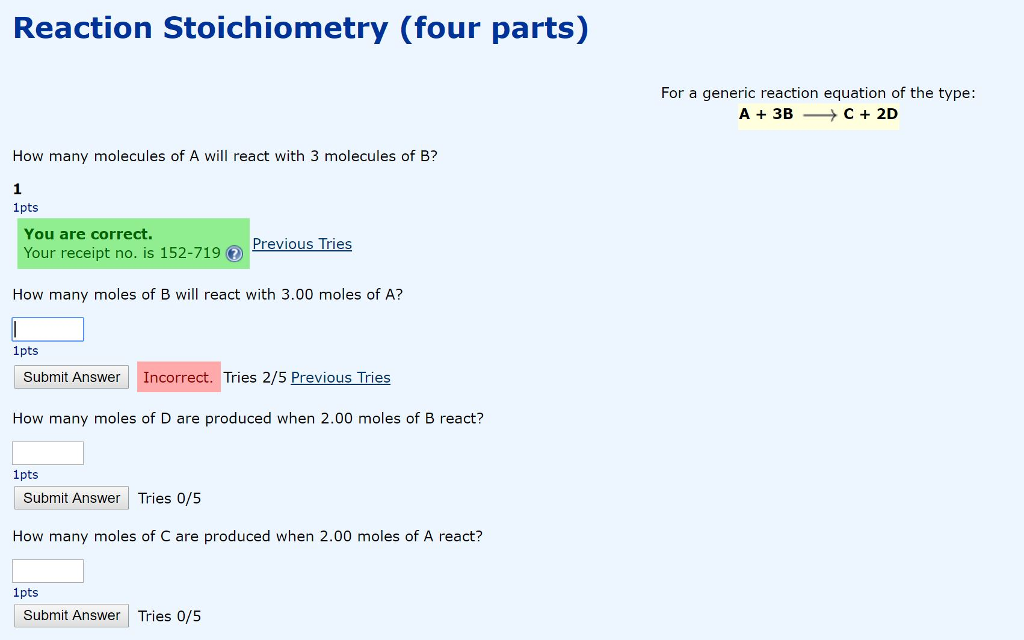 Solved Reaction Stoichiometry (four parts) For a generic | Chegg.com