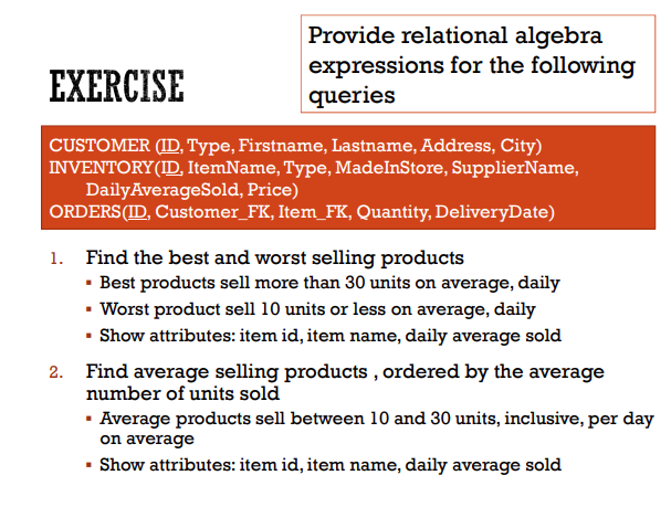 Solved Provide relational algebra EXERCISE queries | Chegg.com