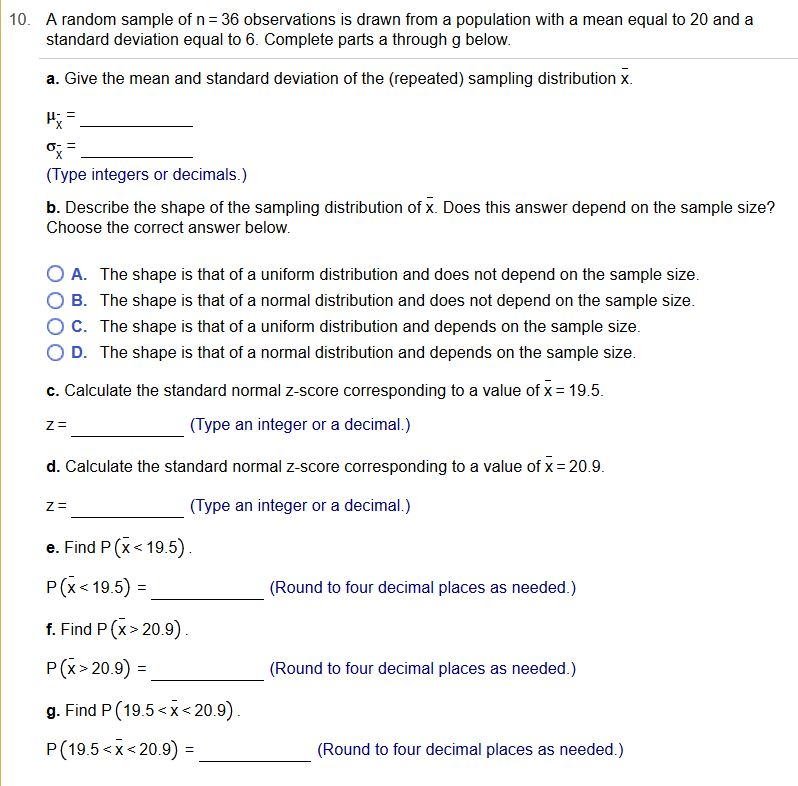 Solved 10 A Random Sample Of N 36 Observations Is Drawn