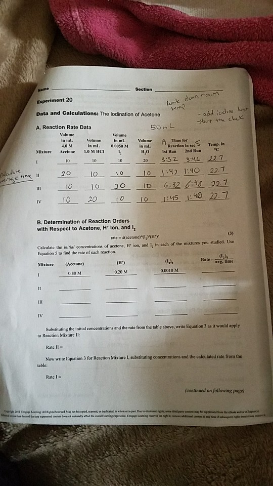 Solved Section Experiment 20 Data and Calculations: The | Chegg.com