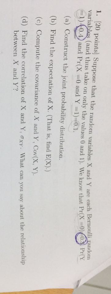 Solved 1. [20 points) Suppose that the random variables X | Chegg.com