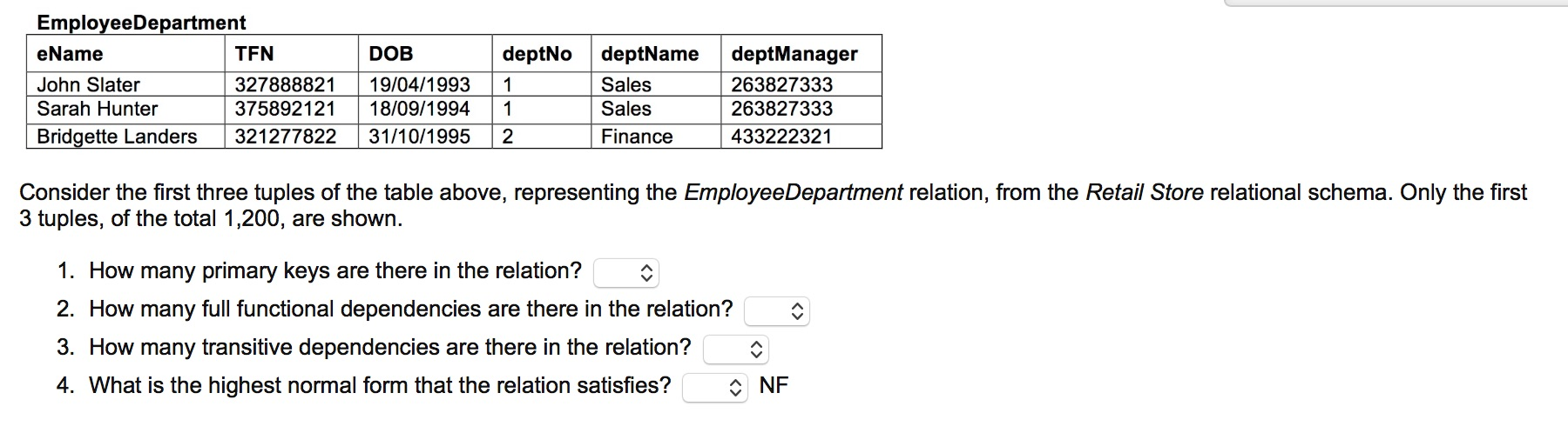 Solved Employee Department Name TFN DOB deptNo deptName dept | Chegg.com