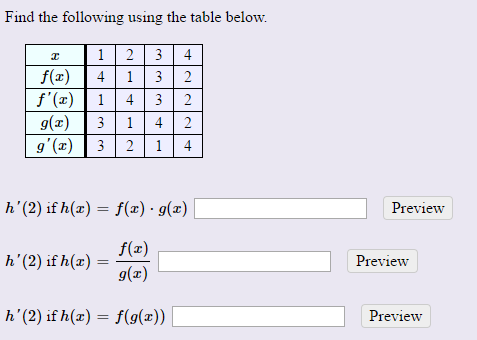 Solved Find the following using the table below. h'(2) if | Chegg.com