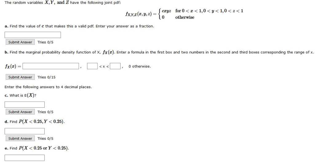 Solved The random variables X,Y, and Z have the following | Chegg.com
