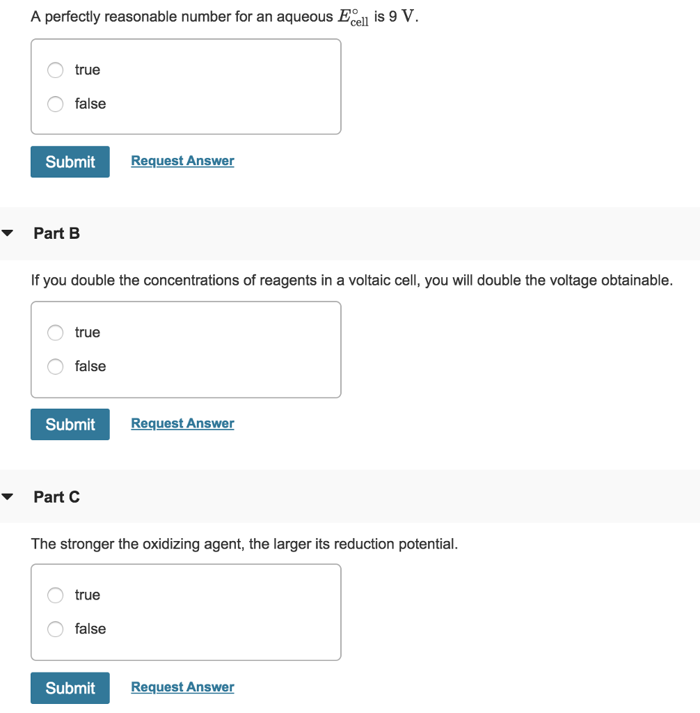 Solved A perfectly reasonable number for an aqueous Ecell is | Chegg.com