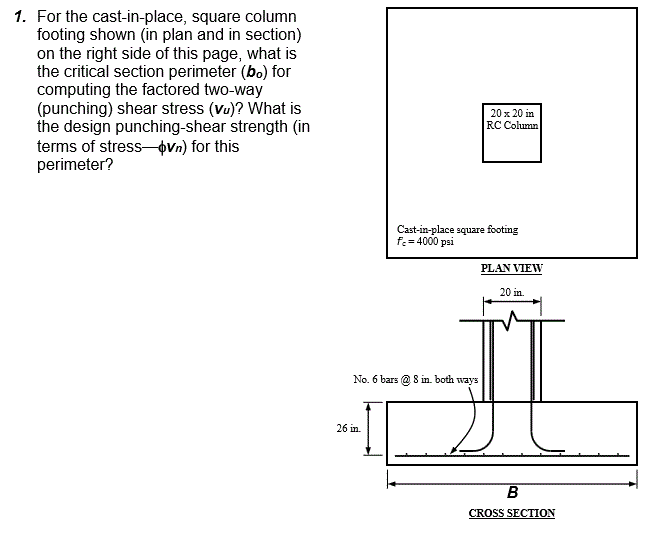 Solved For the cast-in-place, square column footing shown | Chegg.com