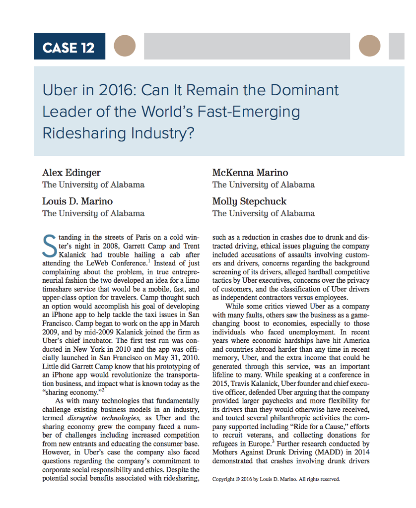 Solved CASE 12 Uber in 2016: Can It Remain the Dominant | Chegg.com