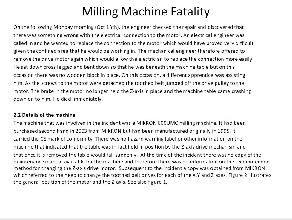 Milling Machine Fatality Fault Tree Analysis