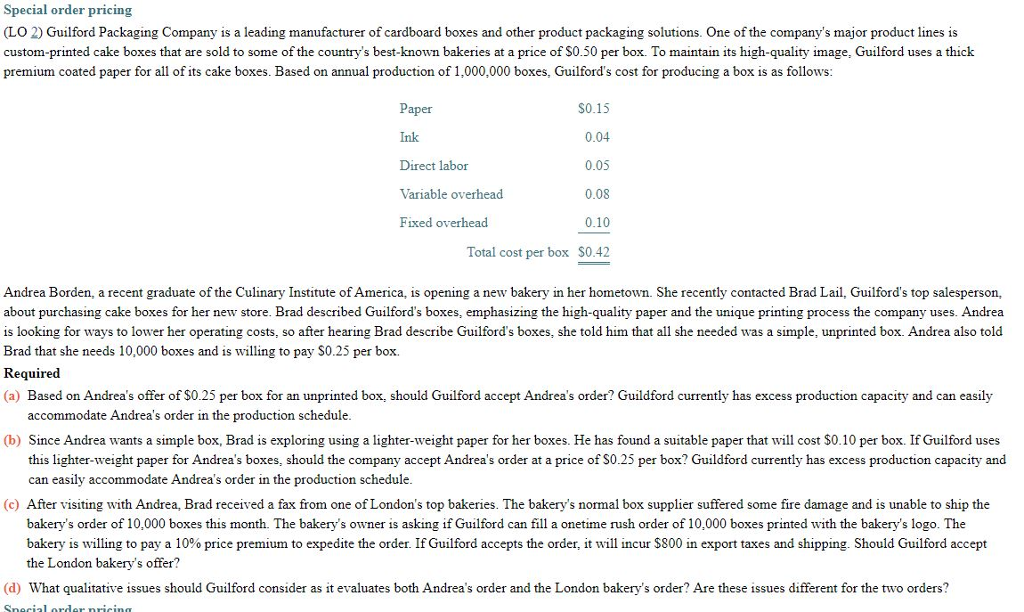 Solved Special order pricing (LO 2) Guilford Packaging | Chegg.com