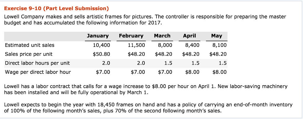 Solved Exercise 9-10 (Part Level Submission) Lowell Company | Chegg.com