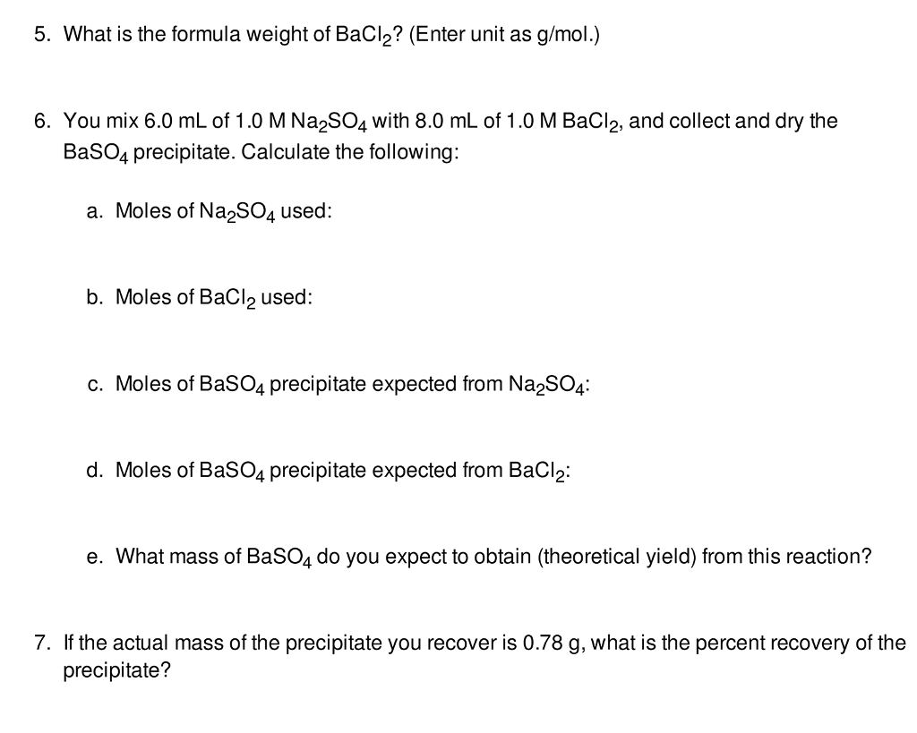 Solved 5. What is the formula weight of BaCl2? (Enter unit | Chegg.com