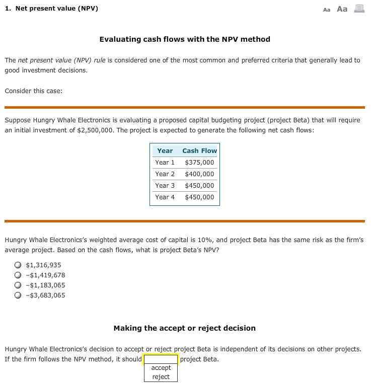 Solved 1. Net present value (NPV) Aa Aa Evaluating cash | Chegg.com