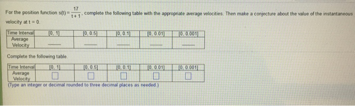 Solved For the position function s(t) = 17/t + 1. Complete | Chegg.com