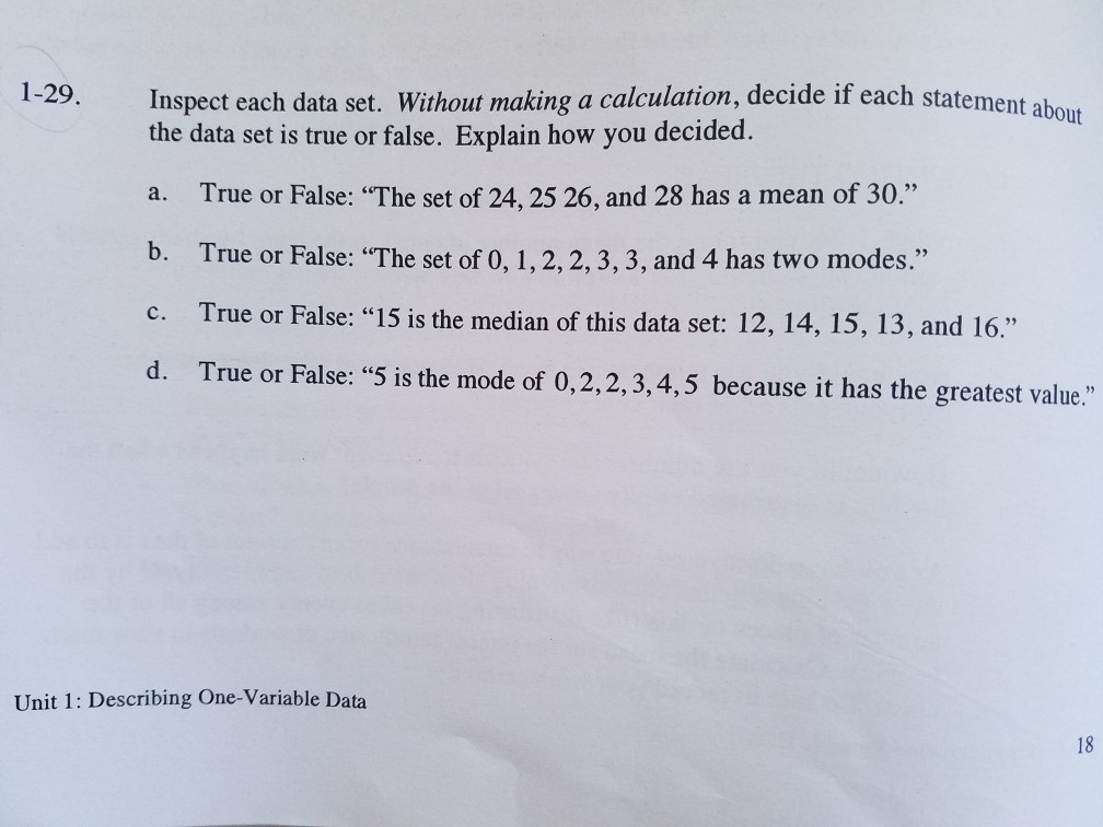 Solved 1- 29. Inspect each data set. Without making a | Chegg.com
