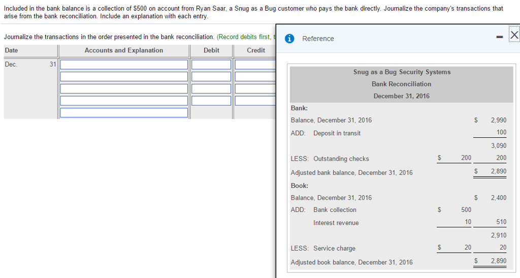 Solved Included in the bank balance is a collection of $500 | Chegg.com
