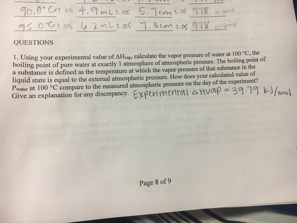 Solved Using your experimental value of Delta H_vap, | Chegg.com