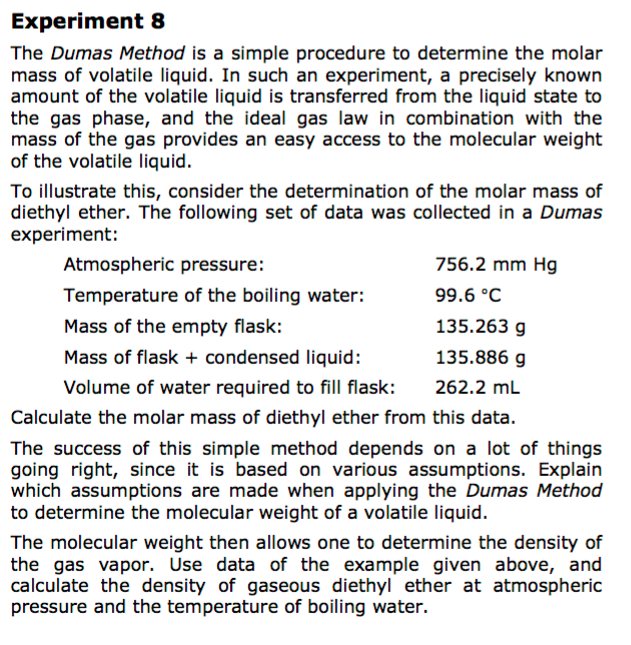 Solved The Dumas Method is a simple procedure to determine | Chegg.com