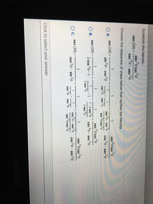 Solved Establish the identity. sec(2 Theta) = sec^2 Theta | Chegg.com