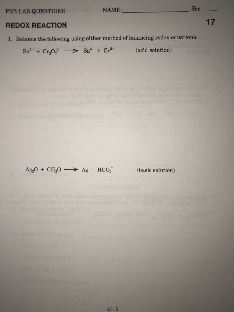 Solved NAME: Sec PRE-LAB QUESTIONS REDOX REACTION 1. Balance | Chegg.com
