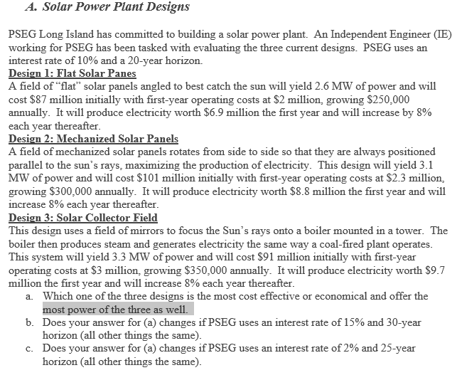 Solved A. Solar Power Plant Designs PSEG Long Island has | Chegg.com