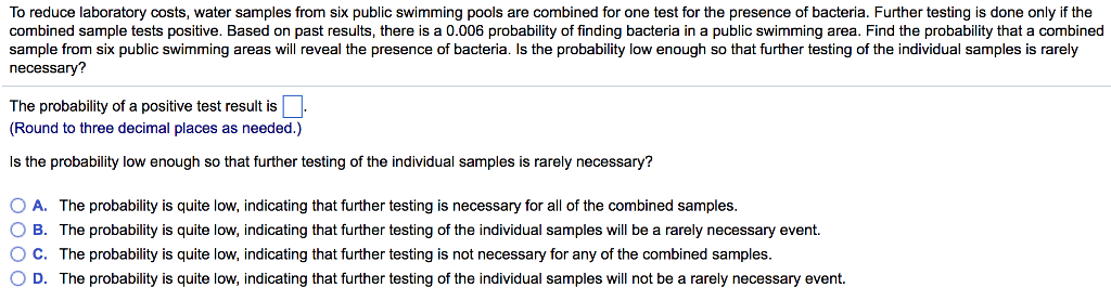 Solved To reduce laboratory costs, water samples from six | Chegg.com