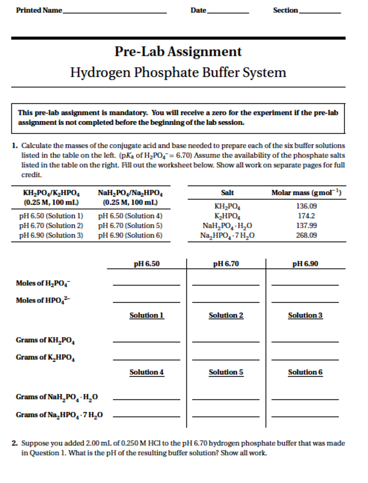 Pre-Lab Assignment Hydrogen Phosphate Buffer System | Chegg.com