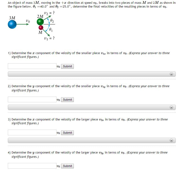 Solved An object of mass 3M, moving in the +x direction at | Chegg.com