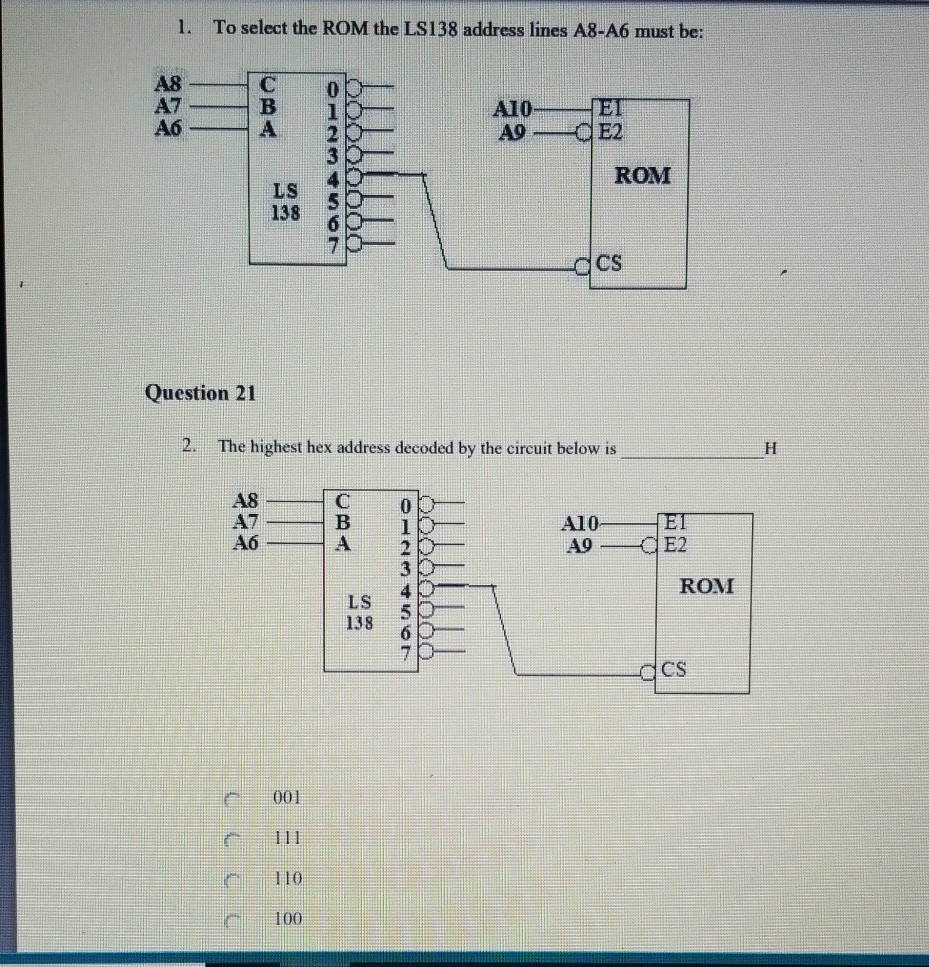 Solved 1. To select the ROM the LS138 address lines A8-A6 | Chegg.com