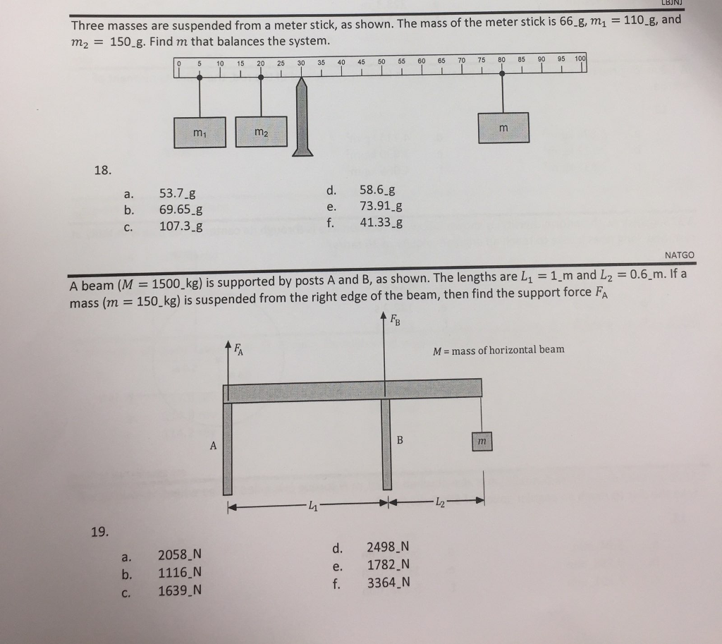 Solved LBJNJ Three masses are suspended from a meter stick, | Chegg.com