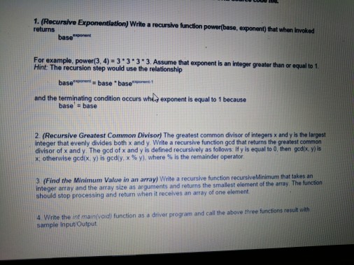 Solved 1. (Recursive Exponentiation) write a recursive | Chegg.com