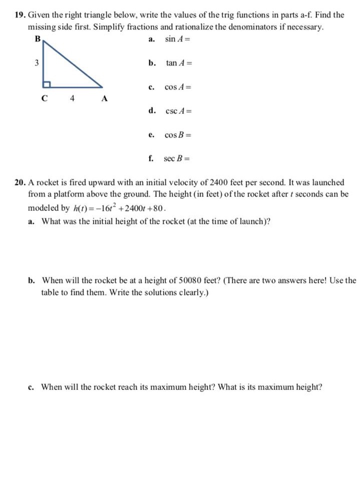 Solved Given the right triangle below, write the values of | Chegg.com