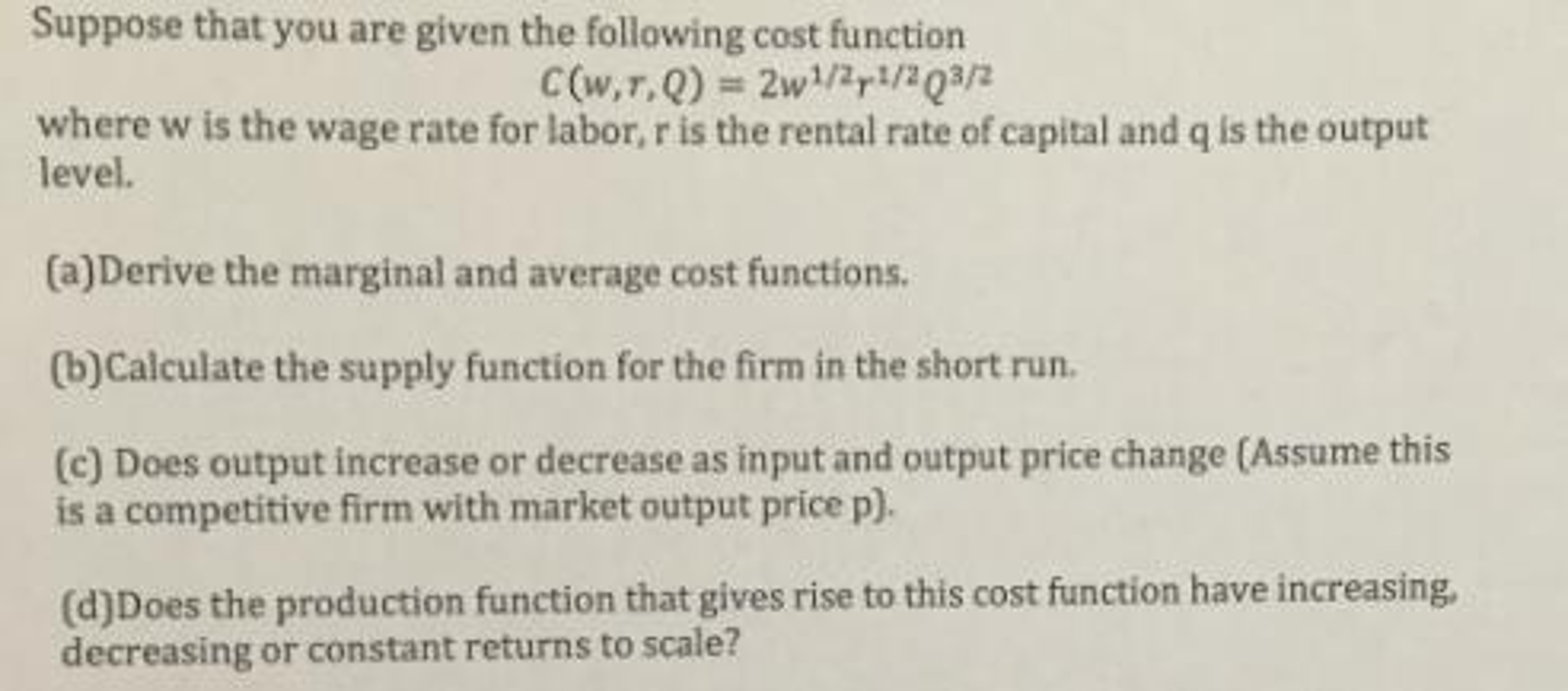 Solved Suppose that you are given the following cost | Chegg.com