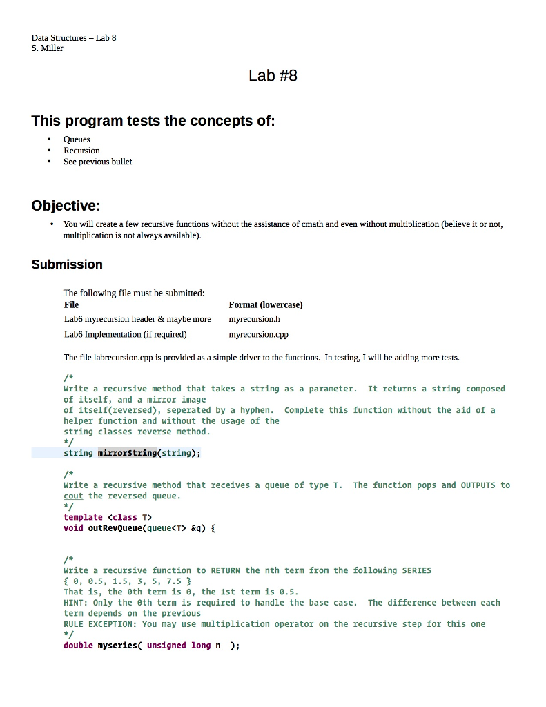 Data Structures -Lab 8 S. Miller Lab #8 This program | Chegg.com