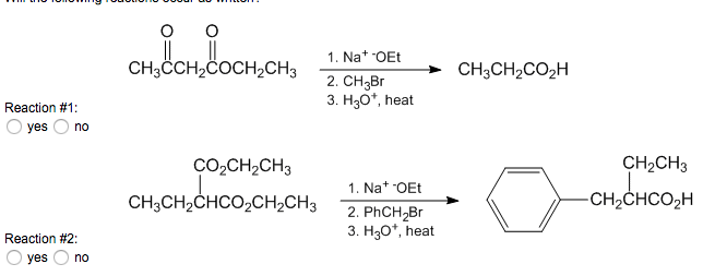 Which reactions will occur? Na+ -OEt CH3Br H3O+, heat | Chegg.com