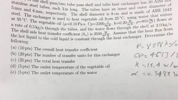 One shell pass/two tube pass shell and tube heat | Chegg.com