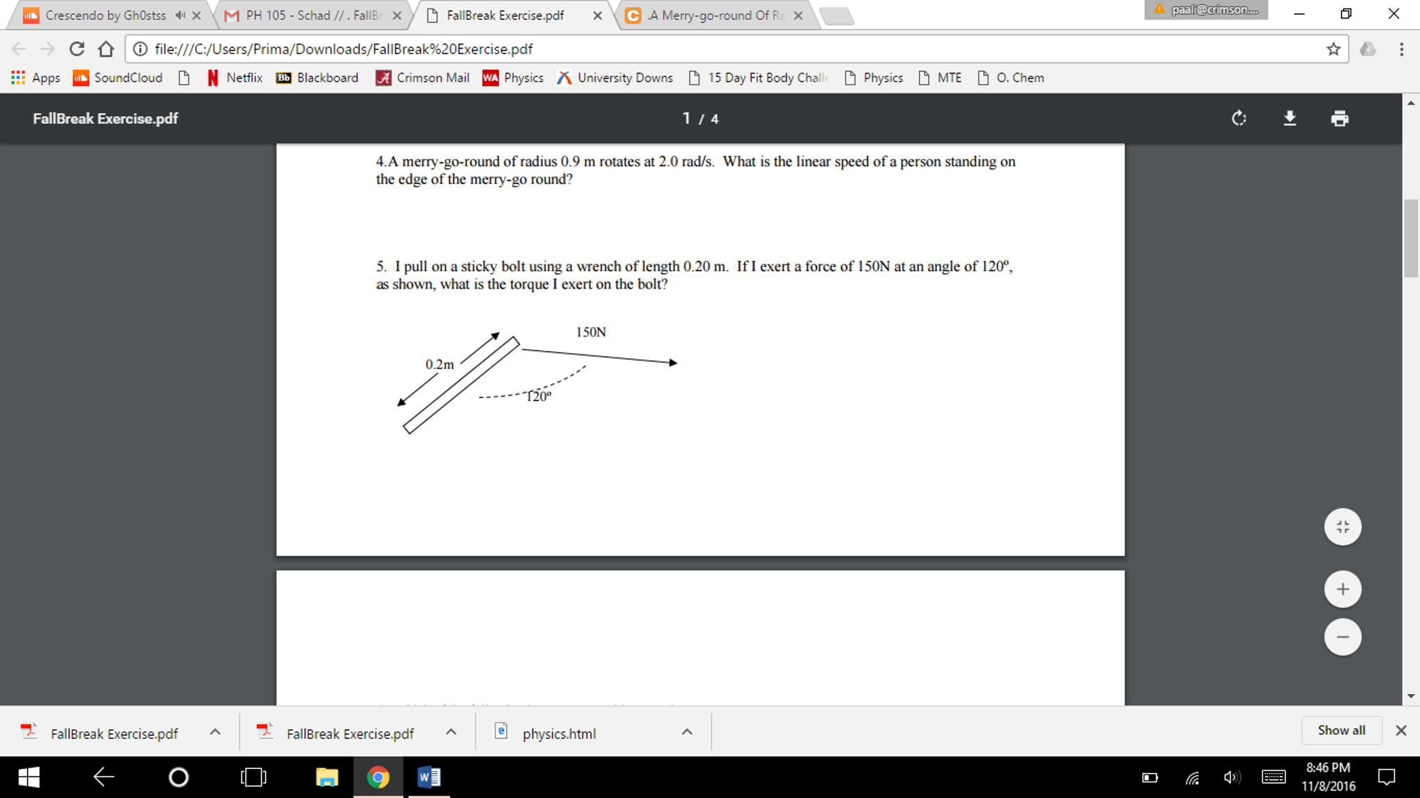 Solved I pull on a sticky bolt using a wrench of length 0.20 | Chegg.com
