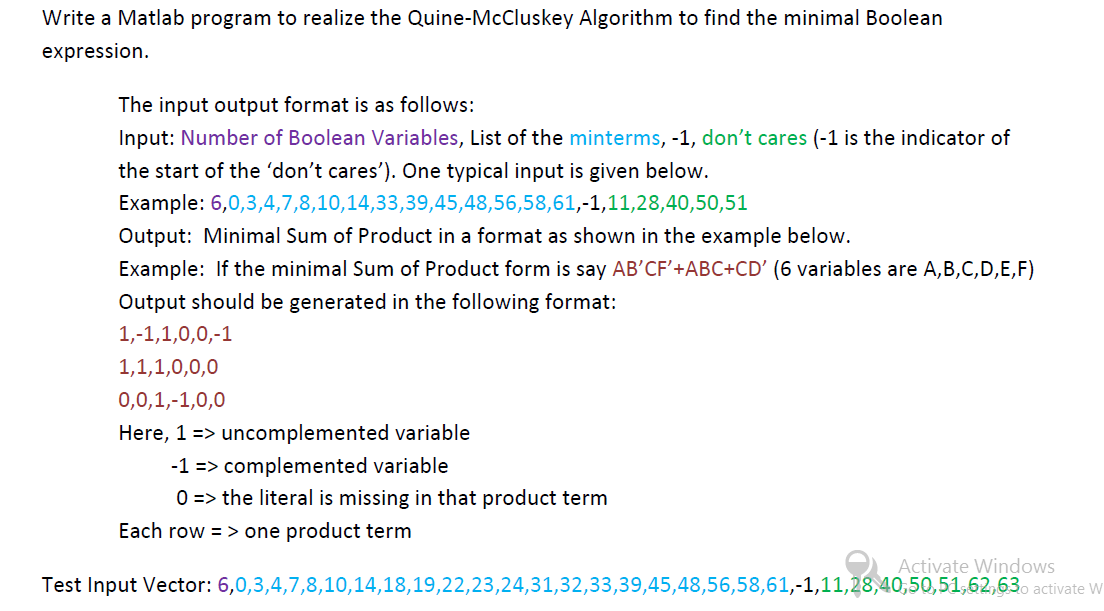 Solved Write a Matlab program to realize the Quine-McCluskey | Chegg.com