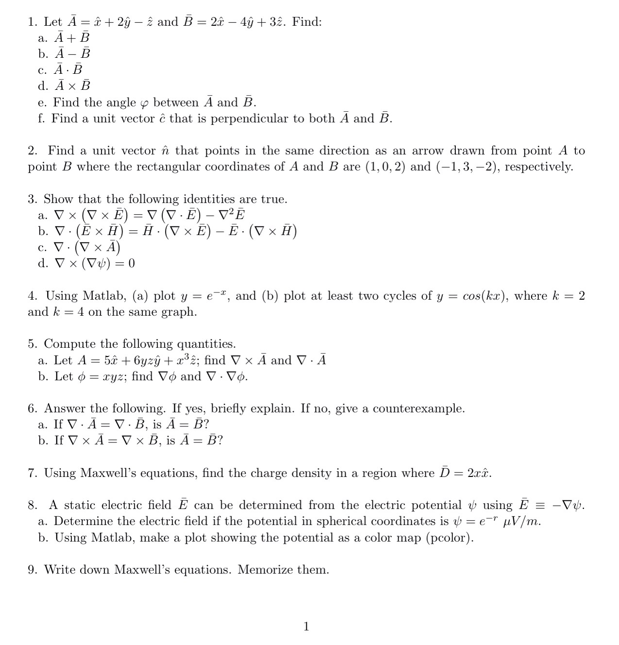 Solved 1. Let bar A = hat x + 2 hat y - hat z and bar B = | Chegg.com