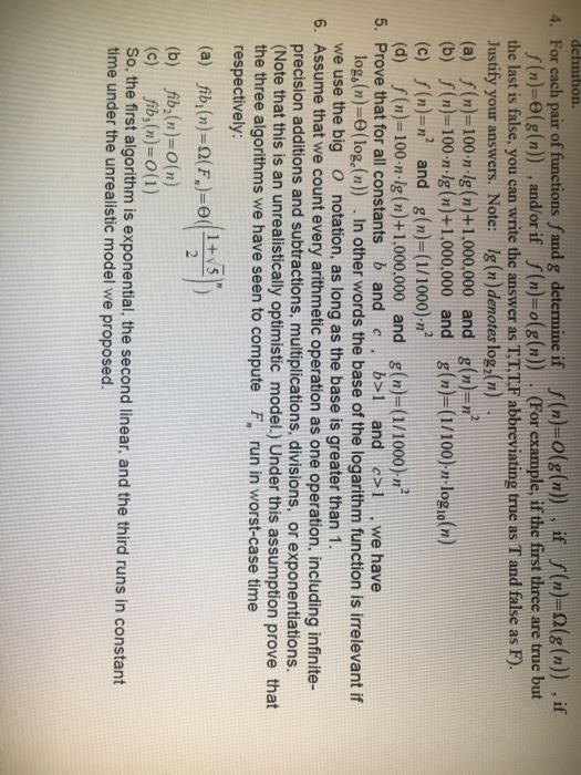 Solved For each pair of functions f and g determine if f(n) | Chegg.com