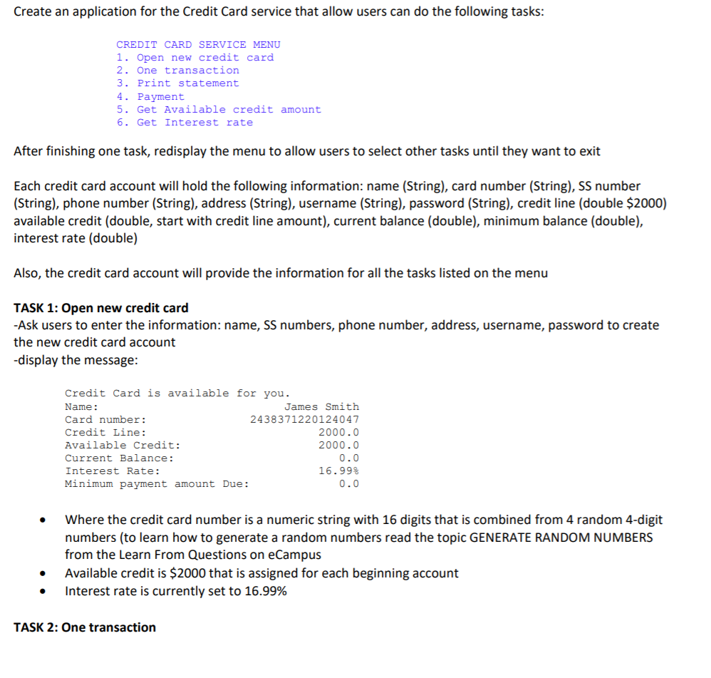 Solved Create an application for the Credit Card service | Chegg.com