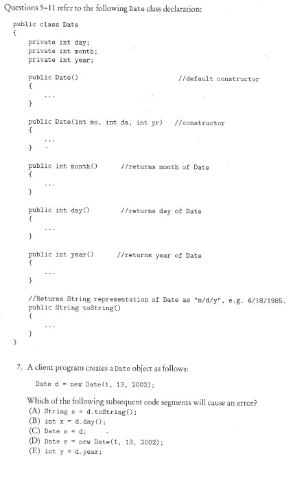 Solved refer to the following Date class declaration: | Chegg.com